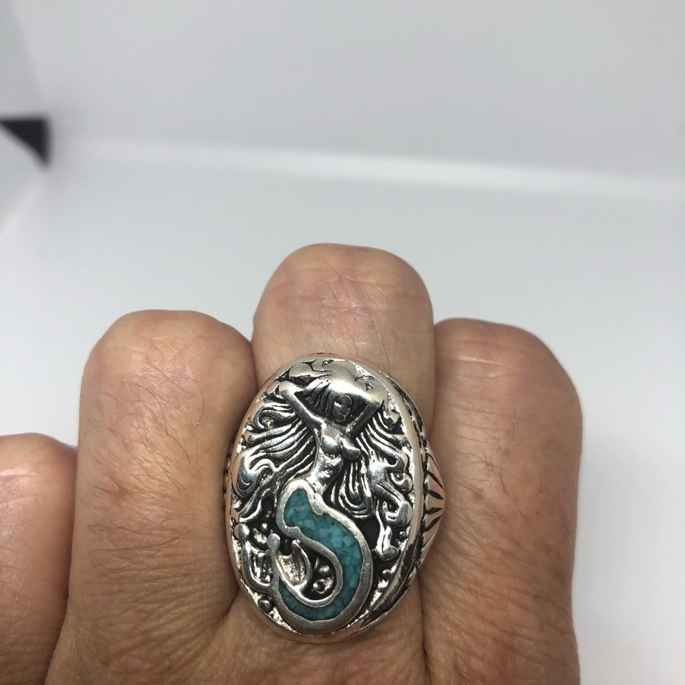 Vintage Real Turquoise Inlay Mermaid Ring - Gem